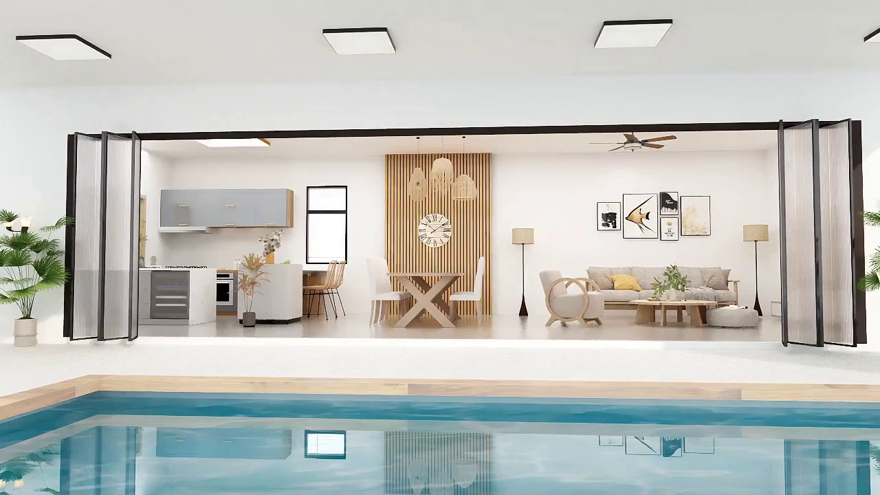 Kitchen Dining and living room with pool view-Coohom design community